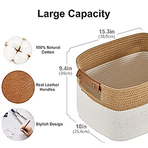 Cotton Rope Basket, Decorative Woven Basket With Leather Handles, Rectangle Storage Basket For Clothes, Toys, Makeup, Books, Towels, Sundries 15.3×10×9.4 inches(3-Pack, Brown&White)