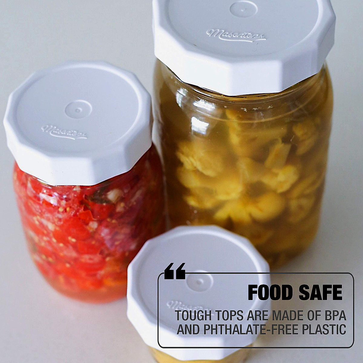 Masontops Tough Tops - Ball Regular Mouth Mason Jar Lids Plastic Leakproof - BPA-Free White Plastic Mason Jar Lids - Reusable Dry Canning Lids fit Ball Jars (Ball Mason Jars not included)