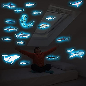 18 Pieces Sharks Peel Shark Wall Decals Removable Wall Stickers Animal Shark Decal Stickers Sea Theme Wall Decor Sticker for Room Bathroom Nursery Home Decor (Glow in the Dark)