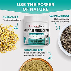 PREMIUM CARE Hemp Calming Chews for Dogs Anxiety - Made in USA, Calming Dog Treats, Dog Calming Chews - Anxiety Relief Treats, Dog Barking Deterrent, Anxiety Relief for Dogs, 60 Duck-Flavored Chews