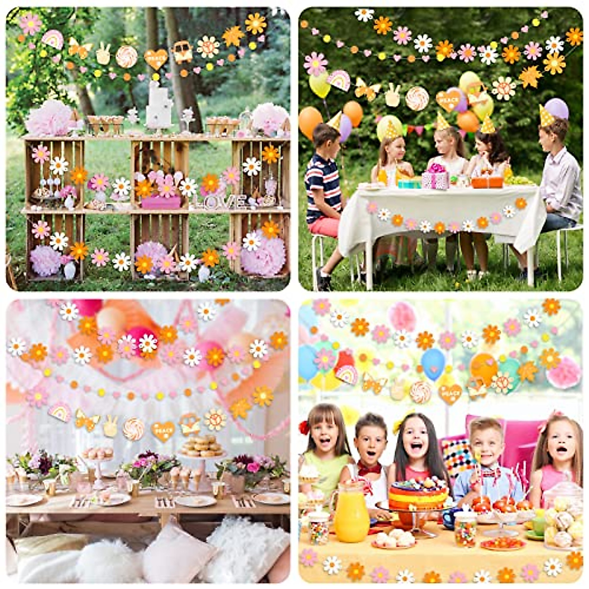 Qpout 4pcs Felt Groovy Party Decorations Set Include Groovy Hippie Boho Banner Groovy Boho Daisy Garland Round And Heart Garland for Wall Window Home Daisy Party Decorations Retro Classroom Decor