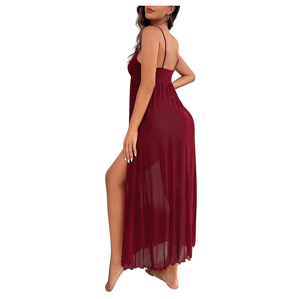 Soly Hux Women's Sexy Split Thigh Mesh Slip Chemise Nightgown Sleeveless V Neck Babydoll Nightdress Valentines Day Sleepwear Solid Burgundy M