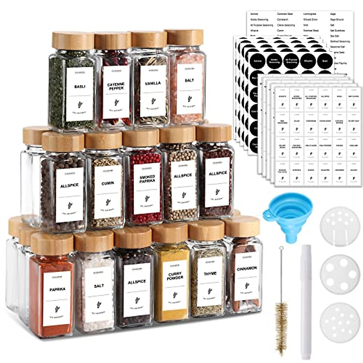 CUCUMI 40pcs Spice Jars with Labels 4oz Glass Spice Bottles with Bamboo Lids, Spice Labels Stickers, Shaker Lids, Funnel, Test Tube Brush, Seasoning Storage Containers for Spice Rack, Cabinet, Drawe