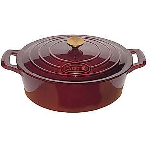 La Cuisine Enameled Cast Iron Oval Dutch Oven Casserole Dish Pot with Lid 6.75 QT Internal Matte Black Enamel Coating for bread baking, Gold-Plated Stainless Steel Lid Handle, Oven Safe up to 500° F. Cranberry