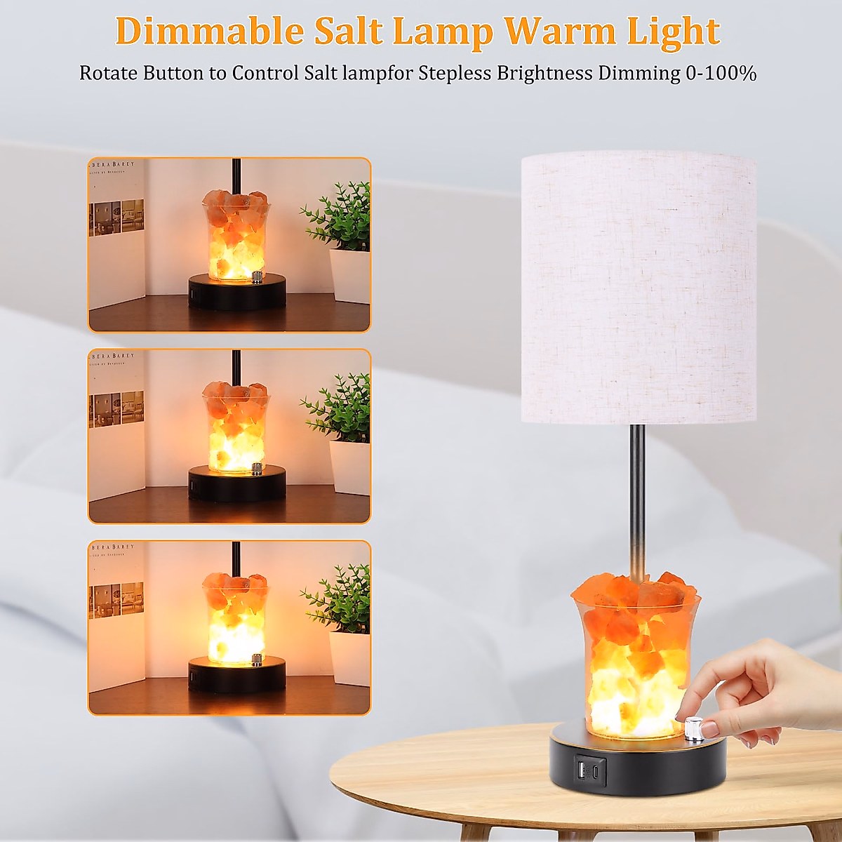 Dott Arts Table Lamp with Salt Lamp, 3-Way Dimmable Bedside Nightstand Lamp with USB Ports and AC Outlet, Touch Lamp for Living Room Bedrooms Reading Room, Bulbs Included