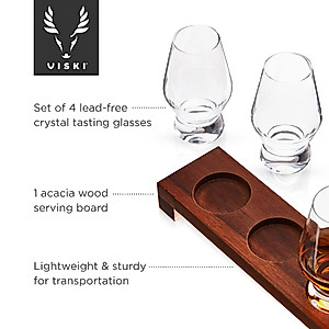Viski Spirit Tasting Flight Kit, Crystal Liquor Glasses with Wooden Serving Tray for Whiskey, Brandy, Set of 4 8 oz. Footed Scotch Tumblers, 1 Board, Set of 5, Clear