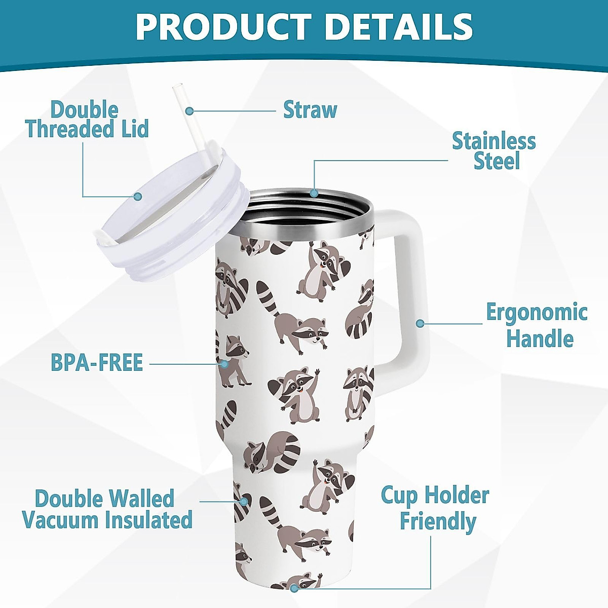 IHCVHQX Tumbler with Handle and Straw 40oz Funny Cute Cartoon Raccoon Insulated Tumbler Cups Stainless Steel Travel Coffee Mug
