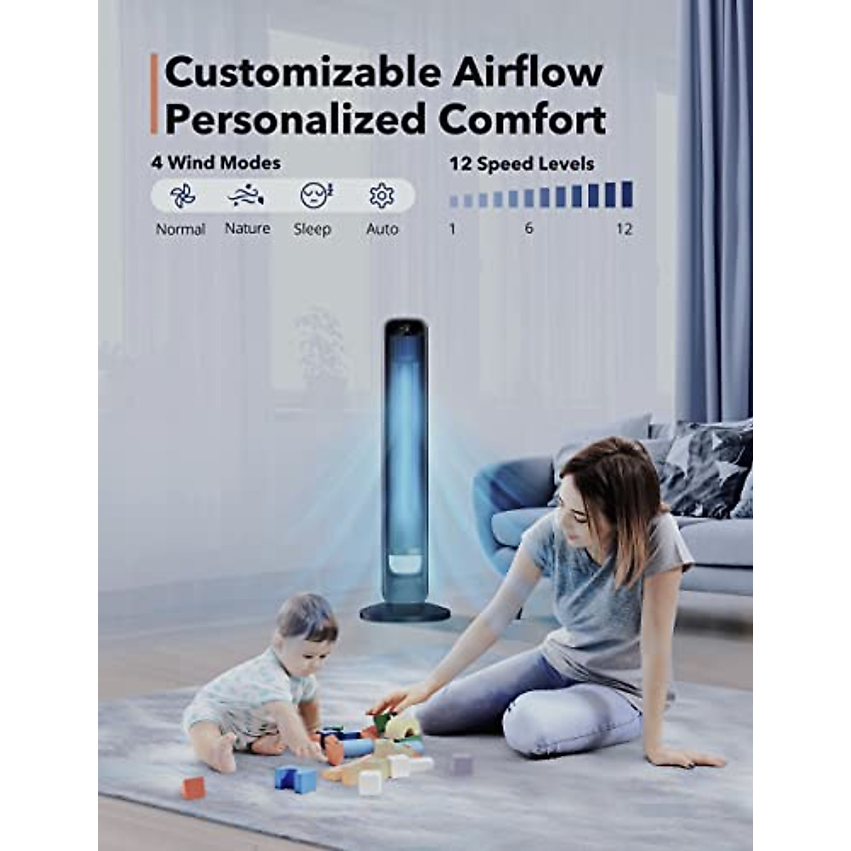 Tower Fan, 42” DC Motor Tower Fan with 28dB, 12 Speeds, 4 Modes, 90° Oscillating Fan, Night Light, 12H Timer, LED Display, Quiet Cooling Bladeless Fan with Remote for Bedroom Living Room Office