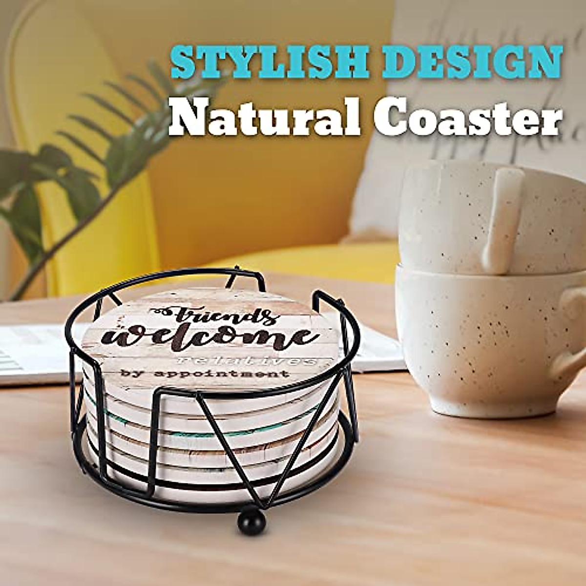 Funny Coasters for Coffee Table - 6 Sarcastic Absorbent Stone Cork Drink Coasters, Farmhouse Bar Coasters for Drinks with Holder, Cool Housewarming Gift, New Home - Cup Coster for Wooden Table