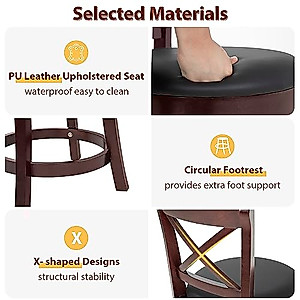 YIQIEDEY Bar Stools,Counter Bar Height Stools with X-Back,Wooden Low Back Bar Stools with 360 Degree Swivel,Kitchen Barstools with PU Leather Upholstery,Brown(39.4" H)