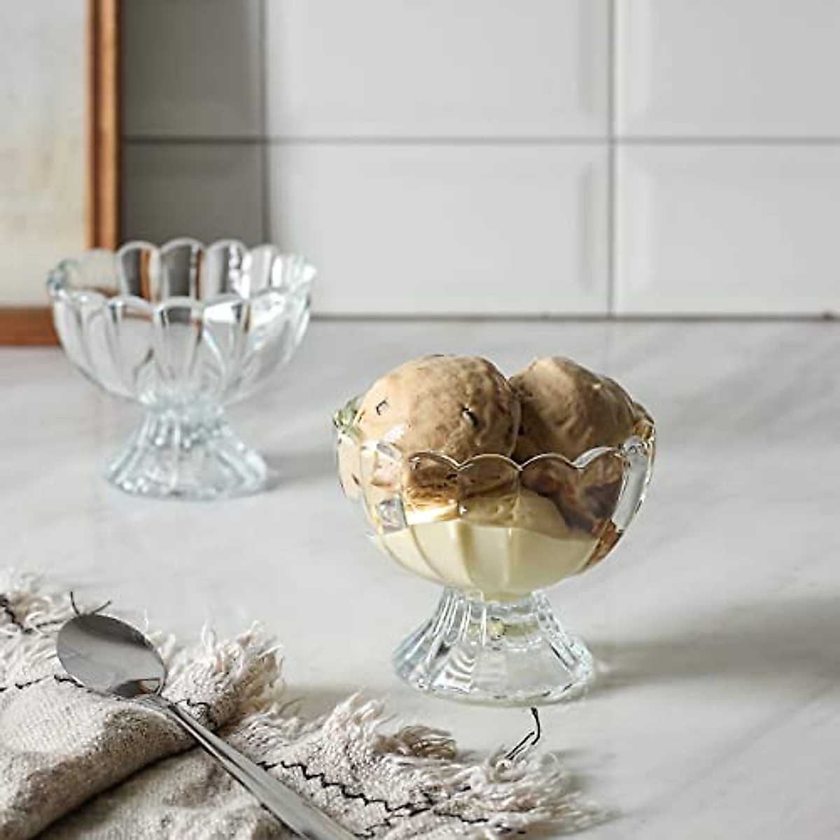 KMWARES 6PCs Set 5.6oz Small Cute Footed Tulip Glass Dessert Bowls/Cups - Perfect for Dessert, Sundae, Ice Cream, Fruit, Salad, Snack, Cocktail, Condiment, Trifle and Christmas Holiday Party (Clear)