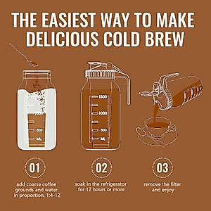 Cold Brew Coffee Maker Mason Jar 64oz, Durable Thick Glass Cold Brew Pitcher Flip Cap Spout Lid w/Handle, Heavy Duty Stainless Steel Filter, Lemonade, Ice Tea Pitcher, Homemade Fruit Drinks Container