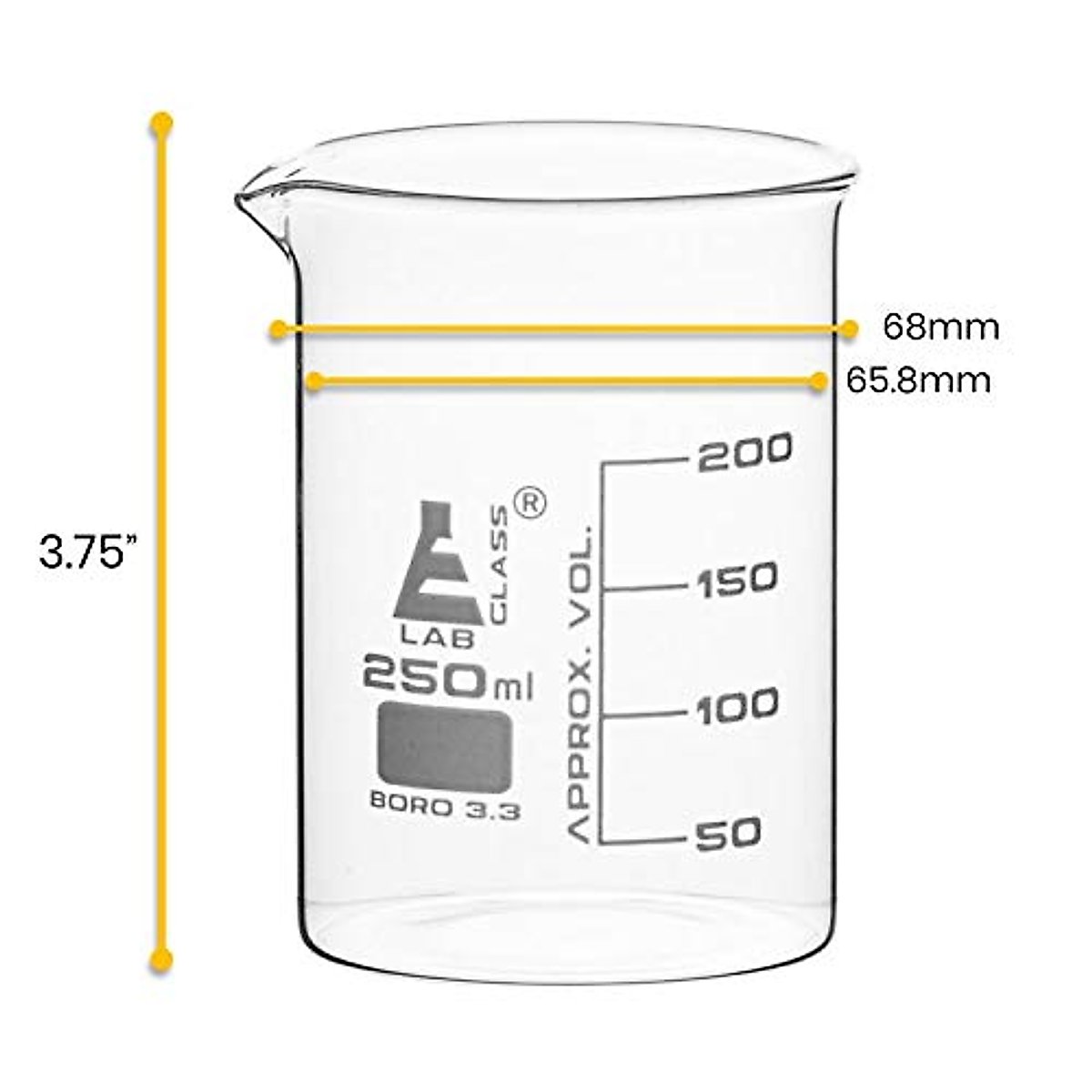 EISCO Beaker, 250ml - Low Form with Spout - White, 50ml Graduations - Borosilicate 3.3 Glass