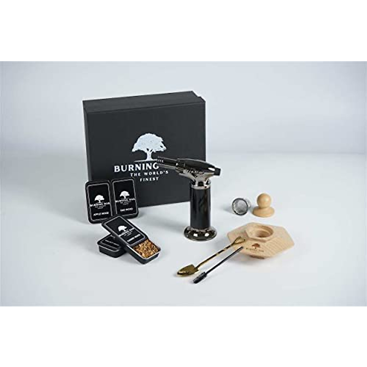 Burning Oak Cocktail Smoker Kit – Professional Whiskey Smoker Kit with Torch, Apple, Oak, Cherry and Walnut Wood Chips – Old Fashioned Smoker Kit In Stylish Black Box(1ST)
