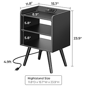 Huuger Night Stand with Charger Station, Black Nightstand, Bedside Table, 3 Tier End Table with Solid Wood Feet, Slanted Power Panel, Side Table with Storage for Bedroom