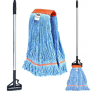 Nine Forty Industrial and Commercial-Grade Looped End Wet Mop - String Mop with 42”-72” Adjustable Aluminum Handle Length - Flip Grip Clamp - for Optimal Absorption and Durability - Blue