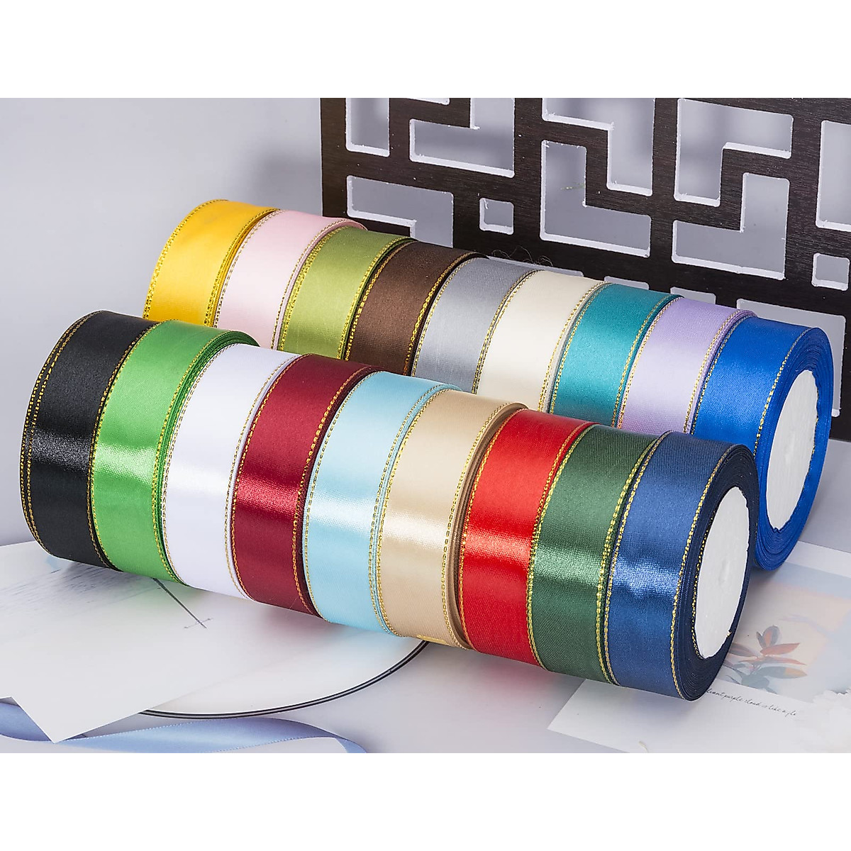 YASEO 25 Yards 1 Inch White Satin Ribbon with Gold Edges, Gold Border Fabric Ribbons for Gift Wrapping and Crafts