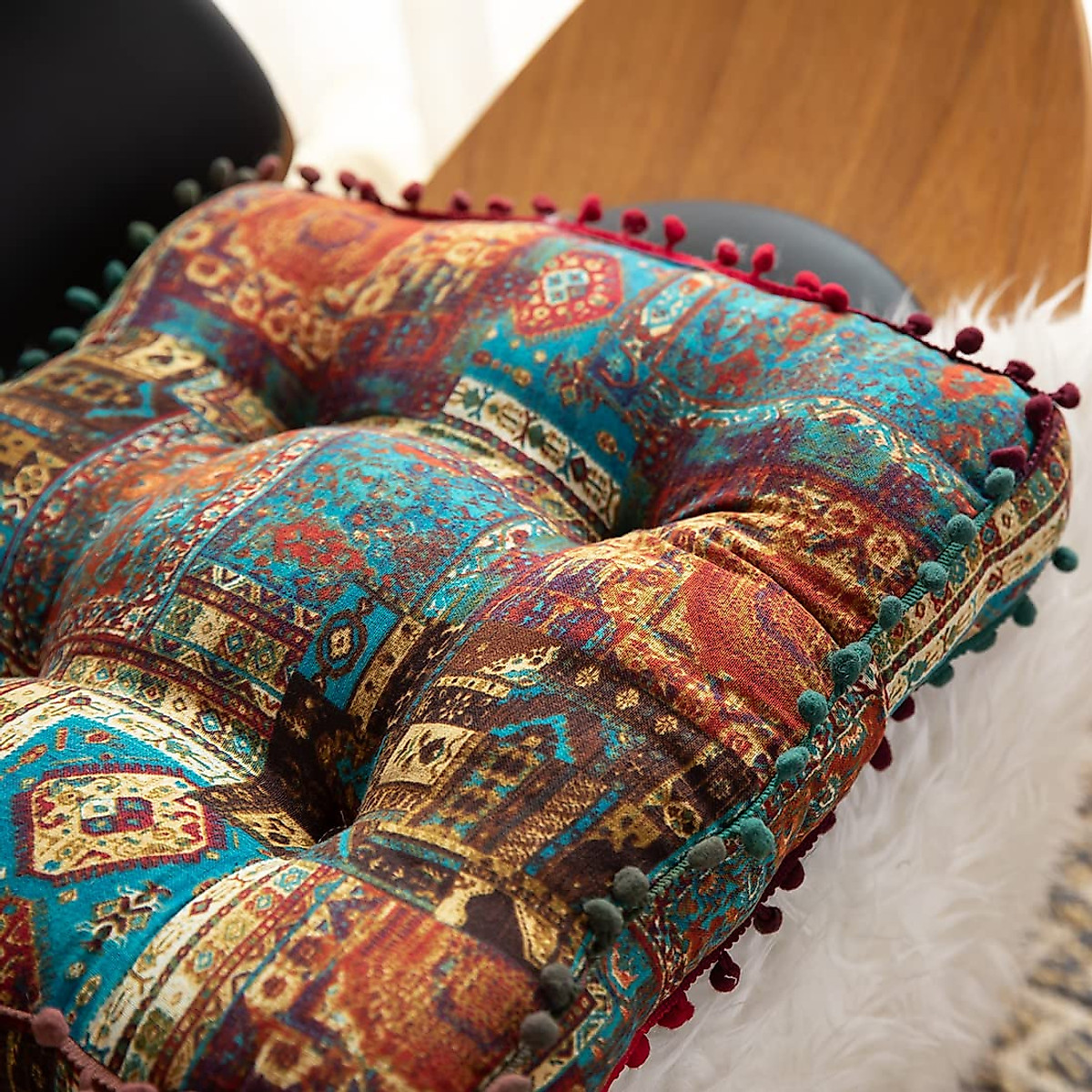 vctops Bohemian Patchwork Square Chair Seat Cushions for Dining Kitchen Office Chairs Patio Soft Cotton Linen Chair Pads (Blue,16"x16")