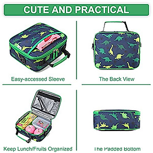 VASCHY Lunch Box Bag for Kids, Reusable Insulated Lunch Box Containers Coolers for Toddler Boys and Girls with Detachable Shoulder Strap for Daycare School Dinosaurs