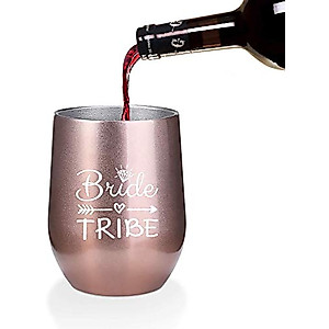Bride to Be Champagne Flute | 12 oz Bride Tribe Stainless Steel Wine Tumblers | Engagement Wedding Gifts Bridesmaids Mugs Bachelorette Party Supplies & Games | Insulated Skinny Rose Gold Cups