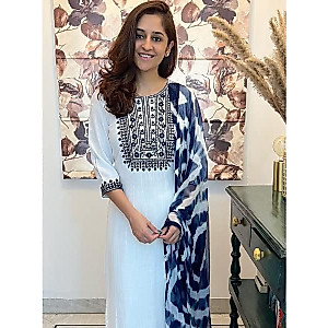 RoohVastra White colored traditional embroidered kurti pent set for women 340 (White, 40)