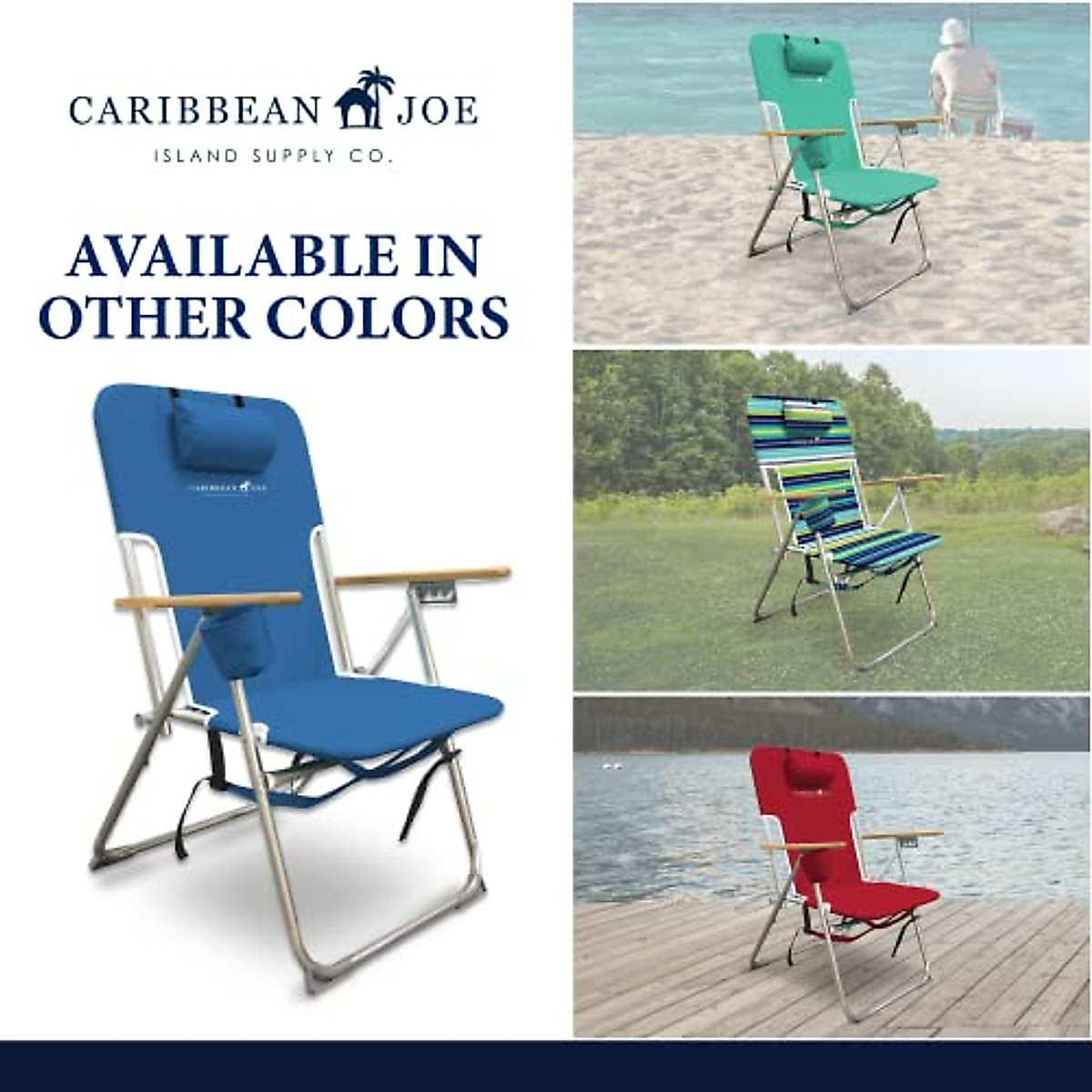 Caribbean Joe Folding Beach Chair, 4 Position Portable Backpack Foldable Camping Chair with Headrest, Cup Holder, and Wooden Armrests, Blue
