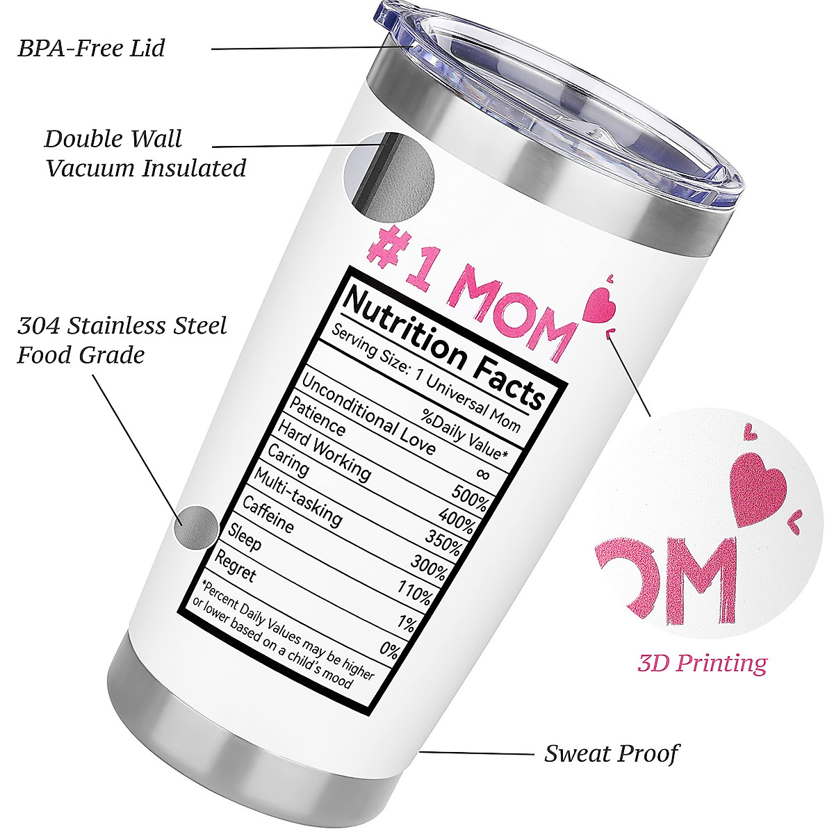 DOMICARE 20oz Tumbler with Lid Stainless Steel Tumblers Bulk, Double Wall Vacuum Insulated Coffee Travel Mug Powder Coated Tumbler (White/3D, 1)