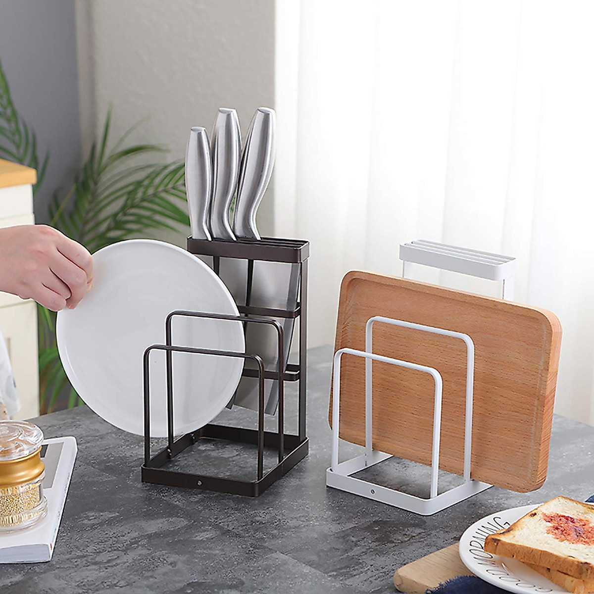 VANRA Metal Steel Cutting Board Holder Knife Block Kitchen Organizer Pantry Bakeware Rack Pan Pot Cover Lid Rack Stand (White)