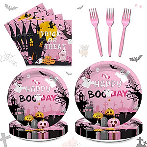 Fiesec Happy Boo Day Party Supplies Tableware Set, Pink Halloween Party Decorations for Girl, Trick or Treat Pumpkin Ghost Face Plates, Napkins, Forks, Serves 24 Guests