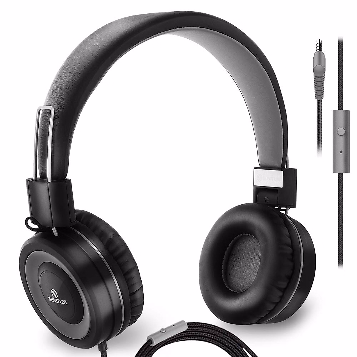 Sonitum Kids Headphones with Microphone, Wired Head Phones with Volume Control for Computer Cellphone, On Ear Headphones for School, Foldable/Adjustable fit Tangle Free 1.5m Cord, 3.5mm Jack