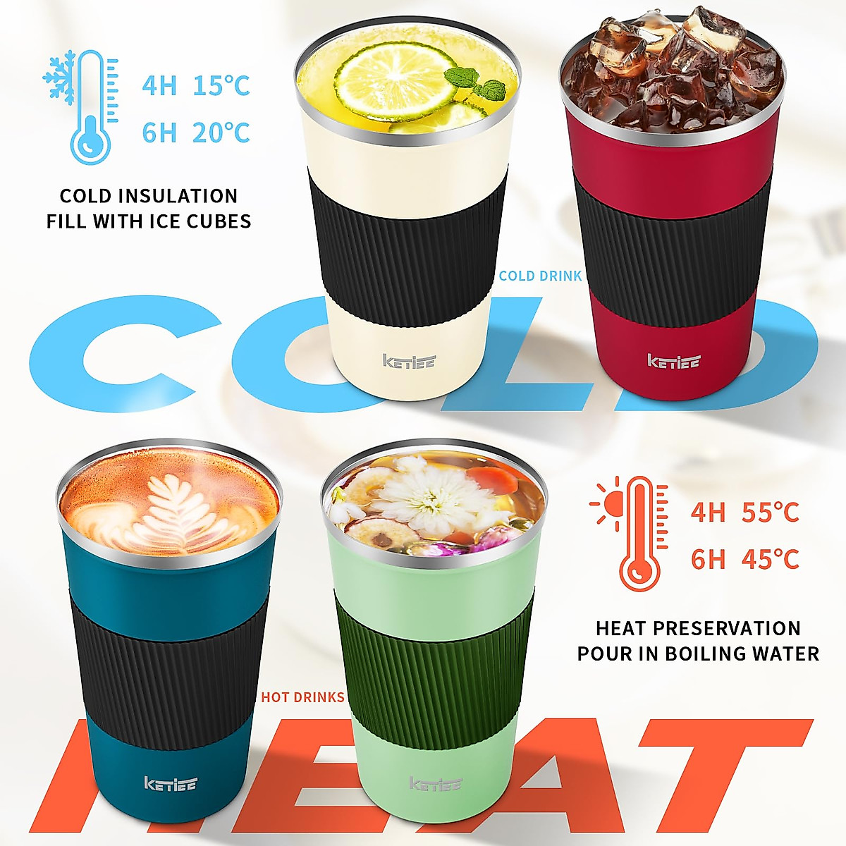 KETIEE 12oz Travel Mug: Vacuum Insulated Coffee Cup with Leakproof Lid, Travel Coffee Mug Stainless Steel Double Walled Reusable Coffee Cup for Hot and Cold Water Coffee (Beige)