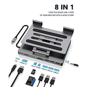 iPad Pro USB C Hub Stand, Adapter for iPad Pro M4 M2 M1 13 12.9 11 Inch iPad Air Docking Station Foldable 4K 60Hz HDMI, PD Charging, SD/TF Card Reader, 3 USB 3.0, 3.5mm Audio, iPad Dock Accessories