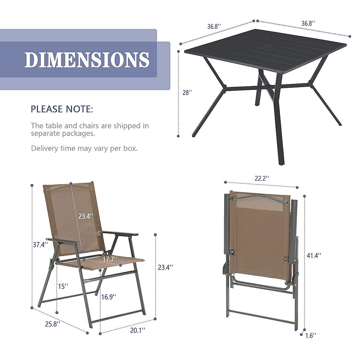 VICLLAX 5 Pieces Outdoor Patio Dining Table and Chairs Set, 4 Portable Dining Chairs & Square Metal Frame Table with Umbrella Hole for Backyard Garden Deck, Brown/Black