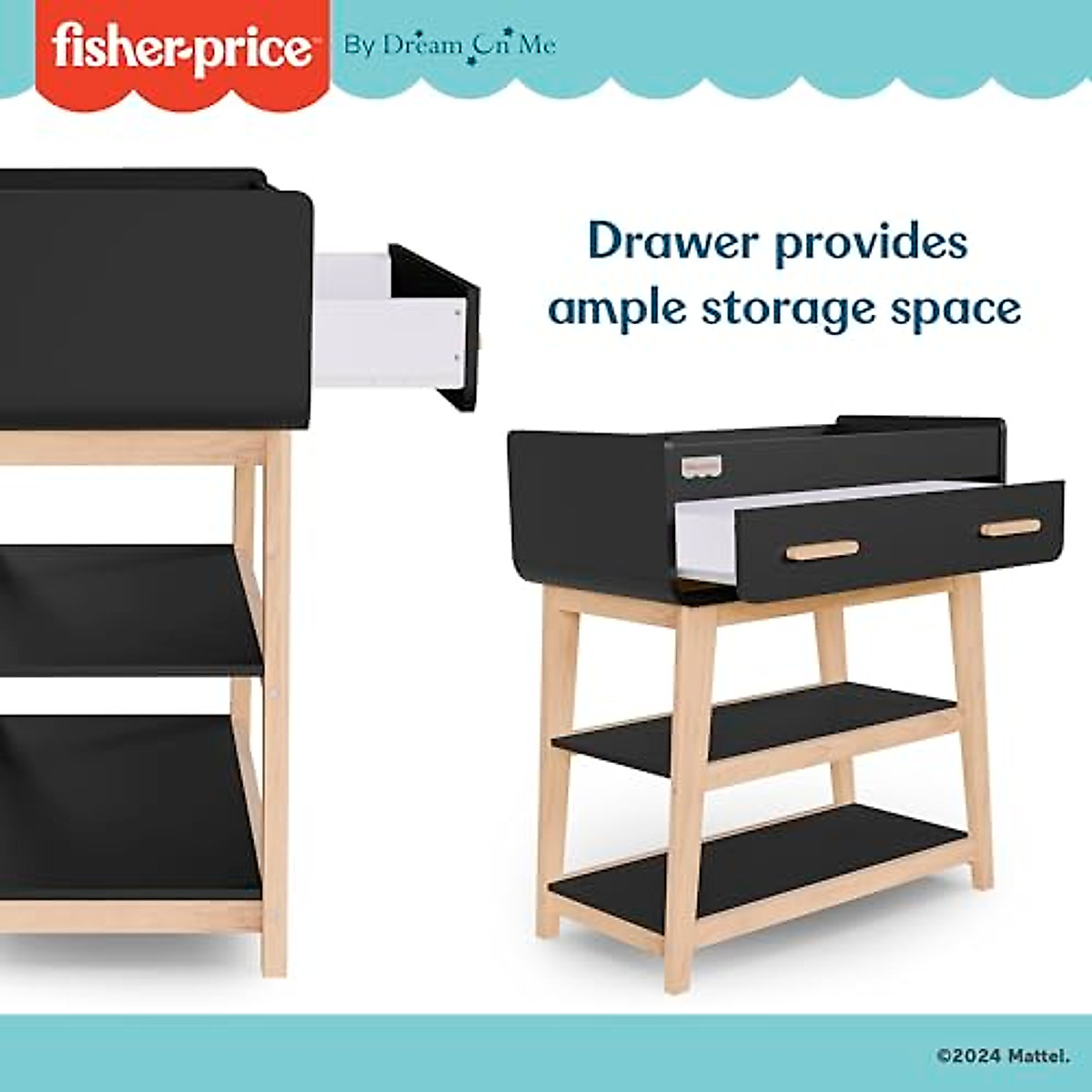 Fisher Price Iris/Siesta Changing Table by Dream On Me, Matte Black Vintage Oak, JPMA & Greenguard Gold Certified, with a Bottom Closed Drawer and Two Open Shelves for Storage