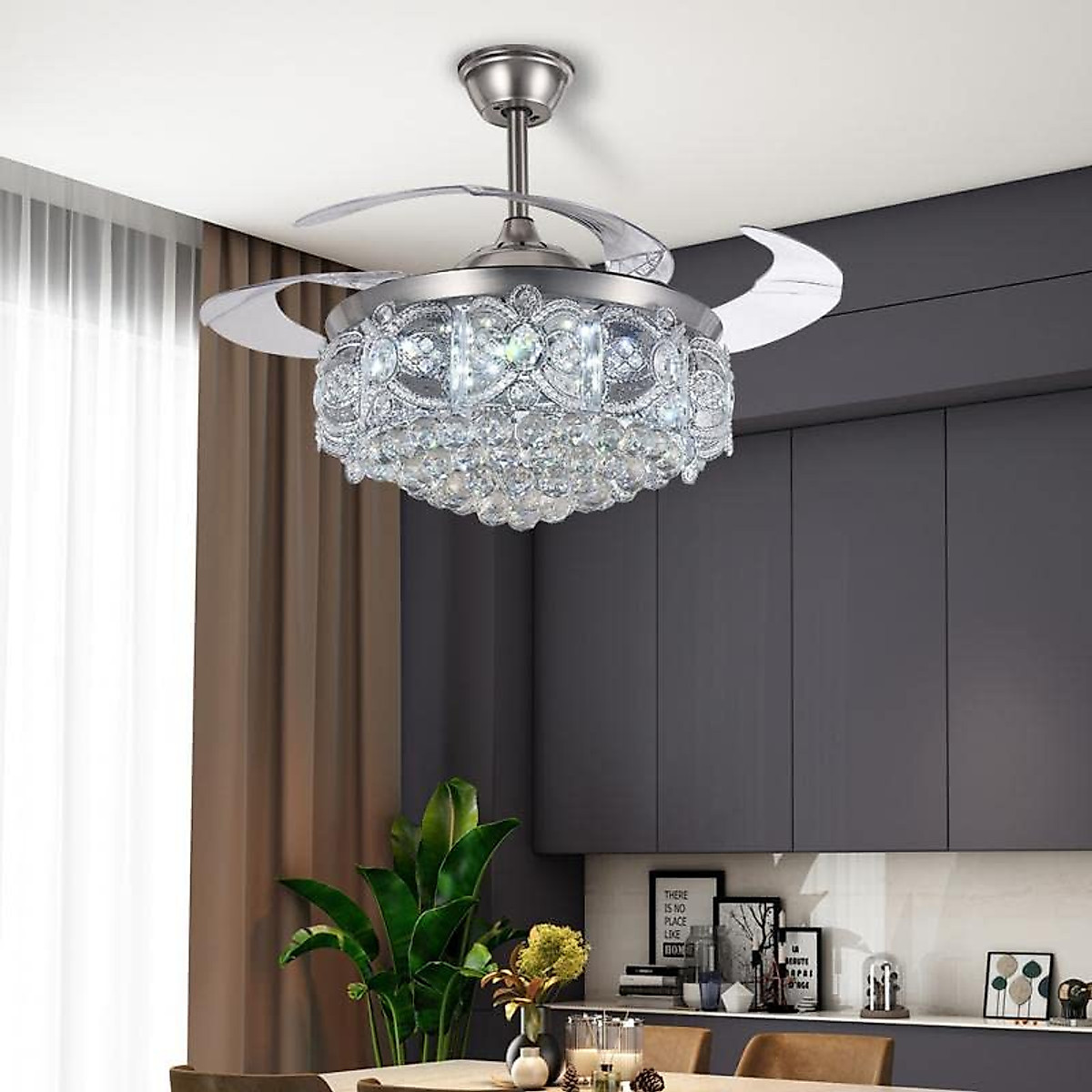 Clody 42''Luxury Crystal Fandelier Ceiling Fan with Lights Modern Chandelier Ceiling Fans with 3 Color LED Panel 3 Speed Quiet Motor Retractable and Reversible Blades Fan for Indoor