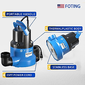 FOTING 1/2HP Submersible Water Pump with Stainless Steel Base - Removes Water to 0.04" Depth, 2450GPH Portable Sump Pump for Puddles, Pools, Boats, Gardens & Ponds - 10Ft Cord Included