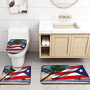 4 Piece Shower Curtain Sets with Non-Slip Rugs, Coastal Ocean Beach Palm Tree Bathroom Curtains Waterproof, Puerto Rico Flag Decor Doormat, Toilet Lid Cover and Bath Mat