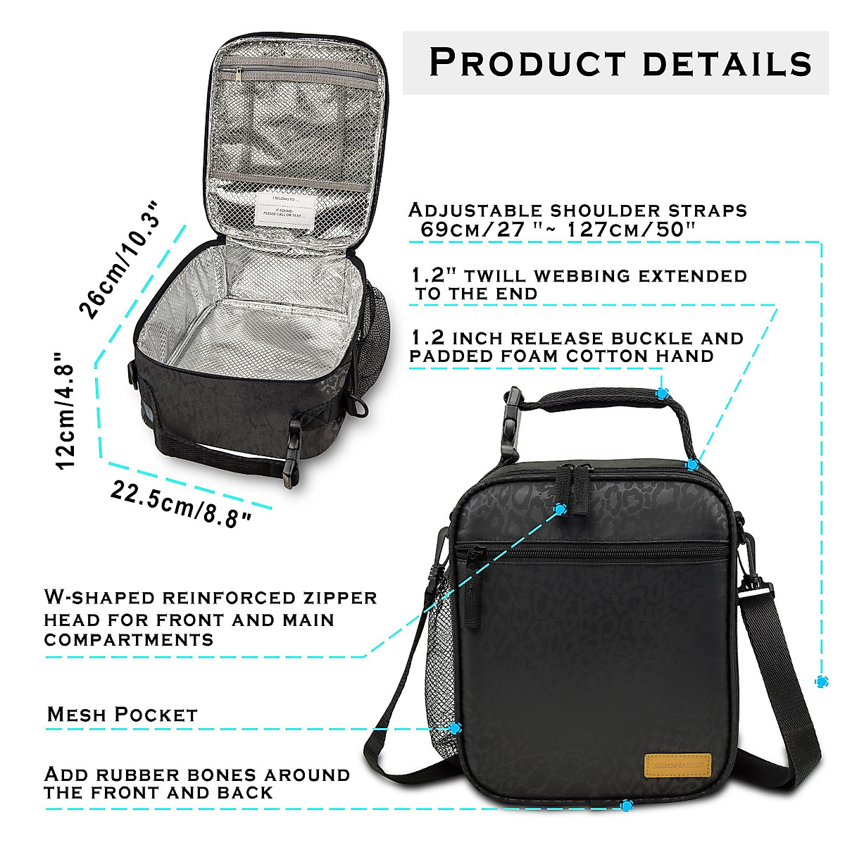 SIBOFUEGO Insulated lunch Box for Men Women - Cute Reusable Lunch Bag for Adult ，Small Lunchbox with Adjustable Shoulder Strap, Durable Cooler Tote Bag for Work Office Picnic Beach (Black Leopard)