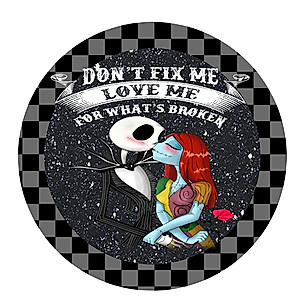 Round Metal Tin Sign Rustic Wall Decor Wall Plaque Halloween Wreath Sign, Jack and Sally Sign,Suitable for Home Garden Kitchen Bar Cafe Restaurant Garage Wall Decor Retro Vintage 12x12 Inch
