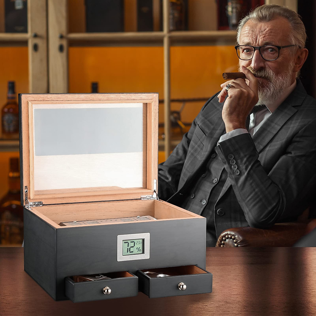 FANKAI Cigar Humidor with 2 Drawers,Cigar Accessories with Humidifier,Humidor Cigar Box Solid Cedar Wood,Cigar Gifts for Men,Glass Top Humidor,Cigar Case Fit 25-50 Cigars,Desktop Cigar Box