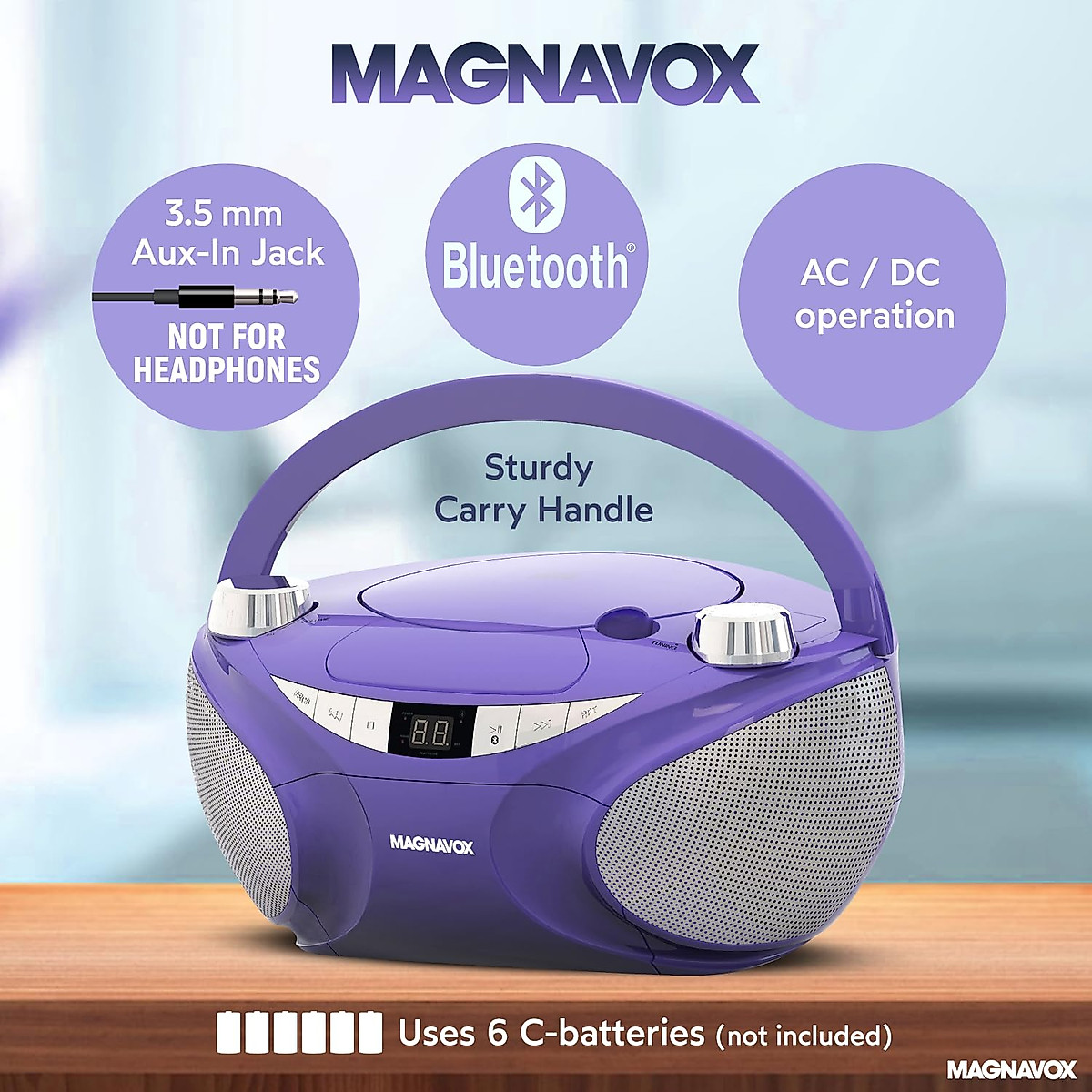 Magnavox MD6949 Portable Top Loading CD Boombox with AM/FM Stereo Radio and Bluetooth Wireless Technology in Black | CD-R/CD-RW Compatible | LED Display | (Purple)