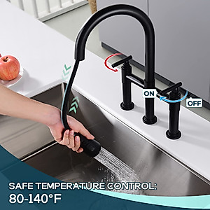 ARRISEA Matte Black Bridge Kitchen Faucet with 3 Mode Pull-Down Sprayer 2 Handle 8 Inch Faucet for Kitchen Sinks 3 Hole Kitchen Sink Faucet, Fingerprint Resistant Spot Free BL-BKF-15108BK