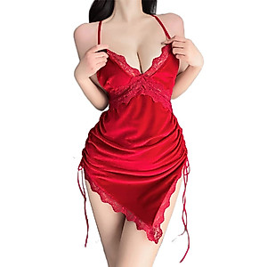 Temptshow Ladies Velvet Sexy Fun Nightdress V Neck Lace Lace Underwear Fabric Perspective One Size (wine red)