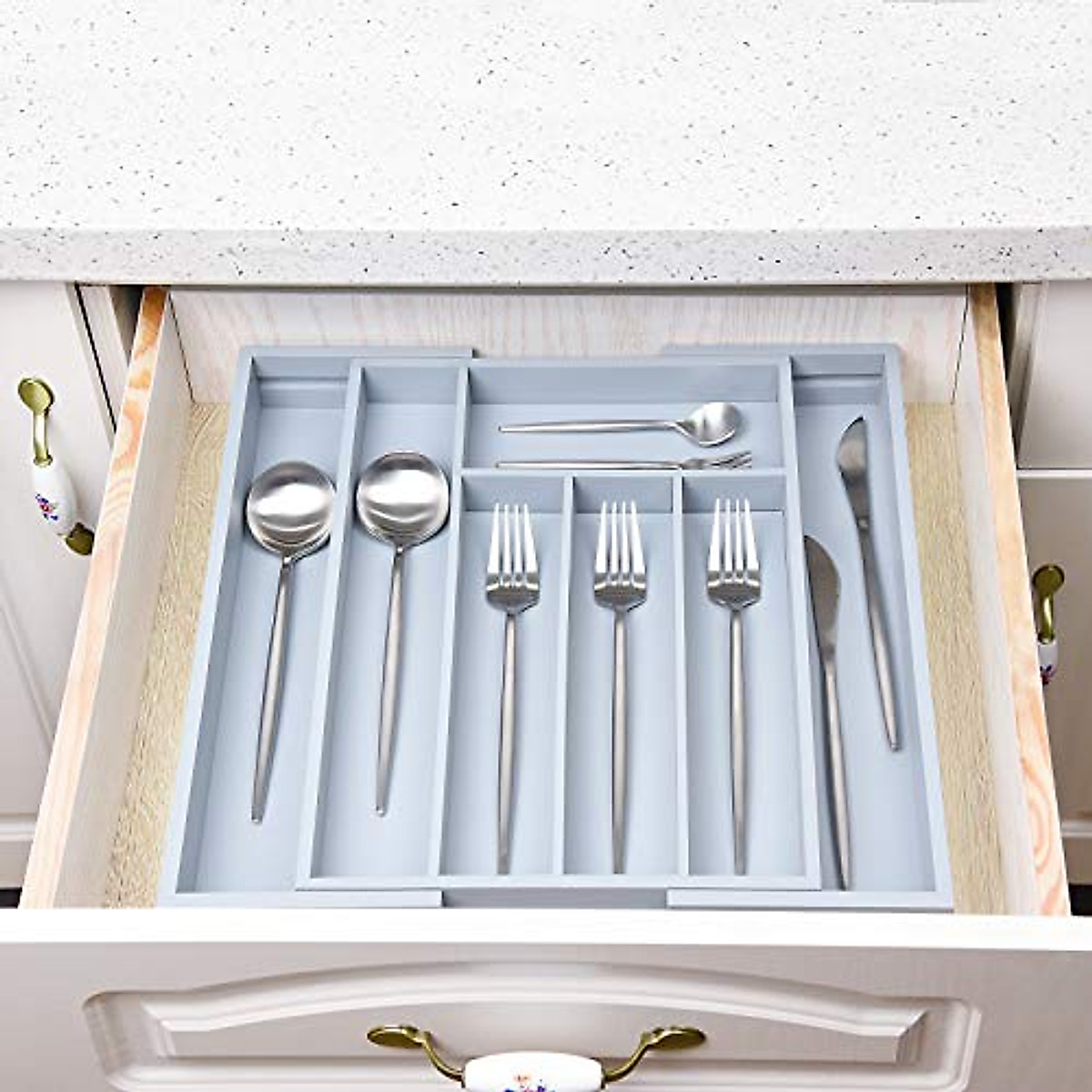 WuGeShop Bamboo Kitchen Drawer Organizer Expandable, Large Flatware Utensil Organizer, Adjustable Silverware Cutlery Tray for Knives, Spoons, Forks (7 Slots, Gray)