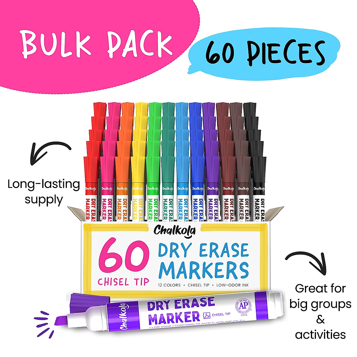 Chalkola Dry Erase Markers Bulk Pack of 60 (12 Vibrant Colors), Chisel Tip White Board Markers Dry Erase Pens - Whiteboard Markers for Kids, Home, Office Supplies, Back to School Supplies