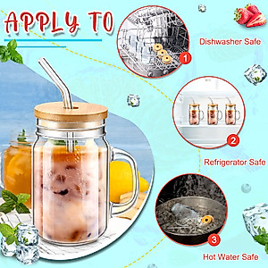12 Set Mason Jar Cups Mason Jars with Handle Glass Cups with Lids and Straws Reusable Mason Jar Drinking Glasses Wide Mouth Mason Jar Mugs with Cup Cleaning Brush for Iced Coffee Smoothie Tea (16 oz)