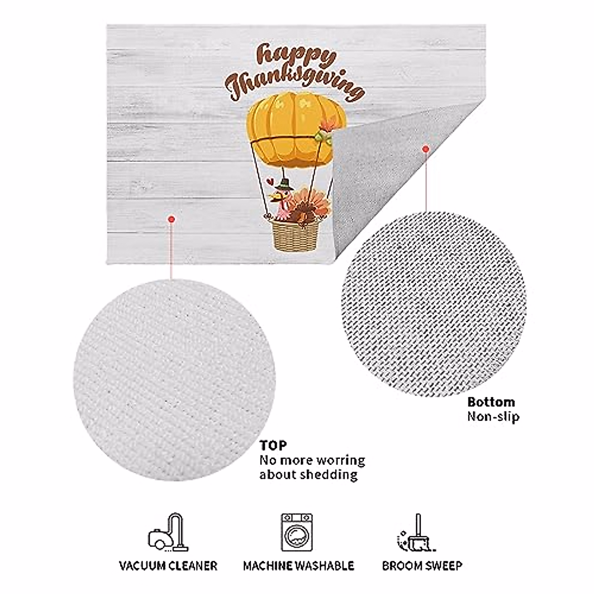 Savannan Floor Mats,Happy Thanksgiving Cartoon Turkey in Pumpkin Shaped Hot Air Balloon Wooden Non Slip Latex Backing Ultrathin Loop Pile Door Rugs for Dining Room Office Home Decor 24"x32"