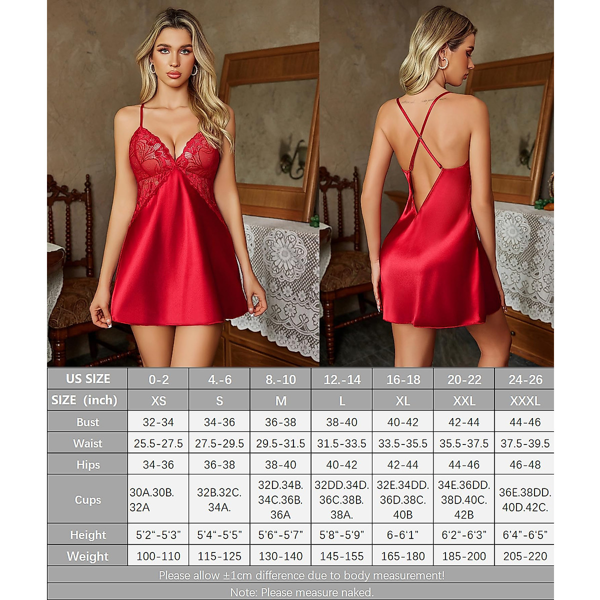 Avidlove Women Wedding Nightgown Lace Lingerie Sexy Babydoll Satin Sleepwear Strap Teddy XL, Red