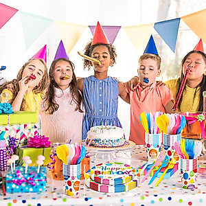 Meanplan Serves 24 Guests Happy Birthday Plates and Napkins Rainbow Polka Dot Birthday Tableware Set Rainbow Dot Birthday Party Decorations for Kids Included Cups Knives Forks Spoons Total 168 Pcs