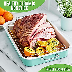 GreenLife Soft Grip Healthy Ceramic Nonstick, 16.5" x 12" Roasting Pan with Stainless Steel Roaster Rack, PFAS-Free, Dishwasher Safe, Turquoise